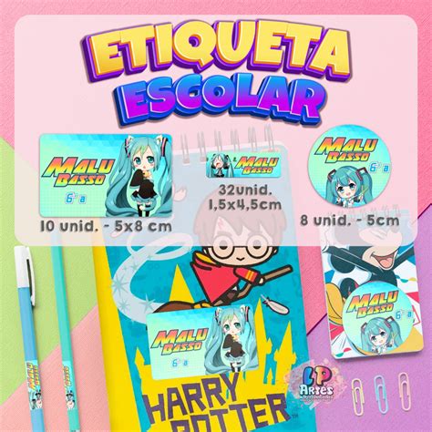 Hatsume Miku Kit Etiqueta Escolar Volta ás Aulas Adesivo Vinil