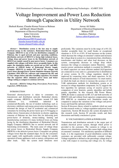 Pdf Voltage Improvement And Power Loss Reduction Through Capacitors In Utility Network