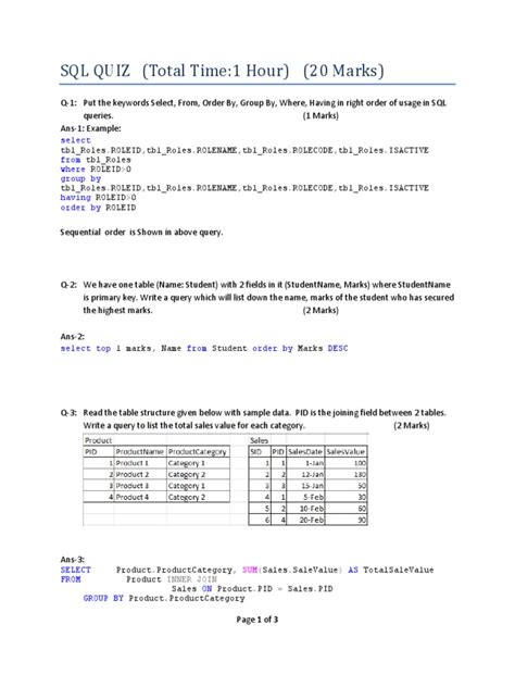 Sql Quiz Pdf Sql Information Technology Management