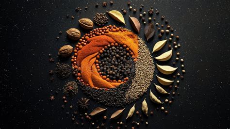 A Creative Arrangement Of Various Spices Forming A Circular Pattern