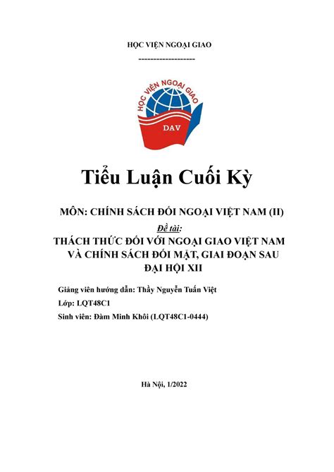 Đàm Minh Khôi Lqtc1 0444 Csdn 1 HỌc Viàn Ngo¾i Giao Tiểu Luận Cußi Kÿ MÔn ChÍnh SÁch ĐÞi