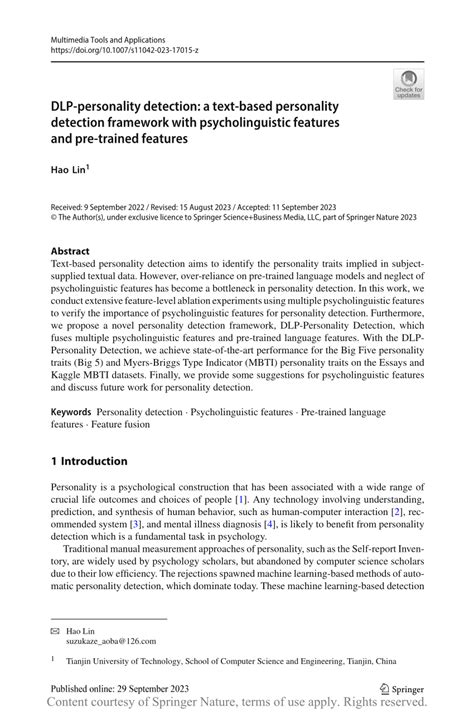 Dlp Personality Detection A Text Based Personality Detection Framework