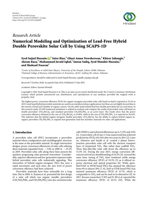 Pdf Numerical Modeling And Optimization Of Lead Free Hybrid Double Perovskite Solar Cell By