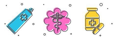 세트 연고 크림 튜브 의학 응급 스타 의료 기호 Caduceus 뱀 스틱 및 의학 병 및 알 약 아이콘 벡터 0명에 대한 스톡 벡터 아트 및 기타 이미지 Istock