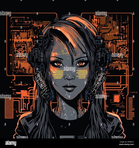 Cyberpunk Girl With Aqua Computer Schematics And Circuits Behind Her Vector Art Anime Manga