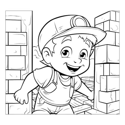 컬러링 책을 위한 키드 보이 빌더 캐릭터의 흑백 만화 일러스트레이션 프리미엄 벡터