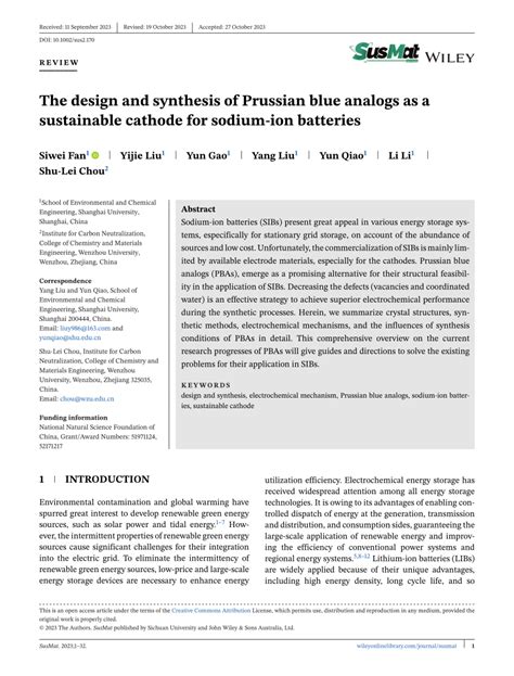 Pdf The Design And Synthesis Of Prussian Blue Analogs As A Sustainable Cathode For Sodium‐ion