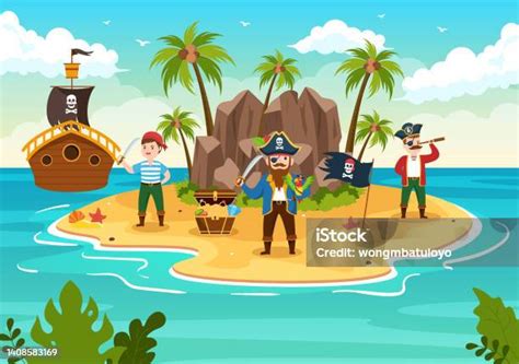 나무 바퀴 가슴 빈티지 카리브해 해적과 졸리 로저와 바다 또는 섬에 배에 귀여운 해적 만화 캐릭터 일러스트 레이 션 걸이 장비에 대한 스톡 벡터 아트 및 기타 이미지