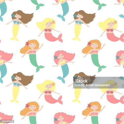 귀여운 인 어와 원활한 여름 패턴입니다 어린이 휴일 배경 인쇄에 대 한 벡터 바다 그림 직물 카드 옷 여자 생일 인 어의 손으로 그린 이미지입니다 0명에 대한 스톡 벡터