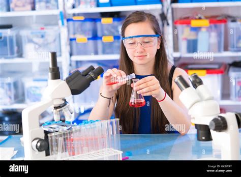 Teen Babegirl In Chemical Classroom With Test Tubes Stock Photo Alamy