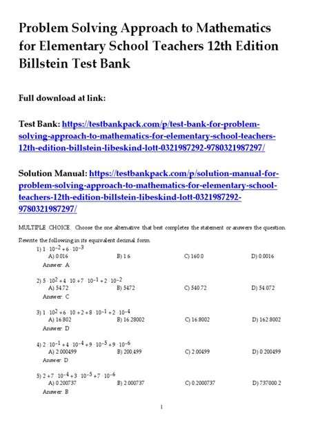 Problem Solving Approach To Mathematics For Elementary School Teachers 12th Edition Billstein