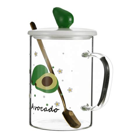 Стъклена чаша с капак и лъжица 450 Ml авокадо Miniso България