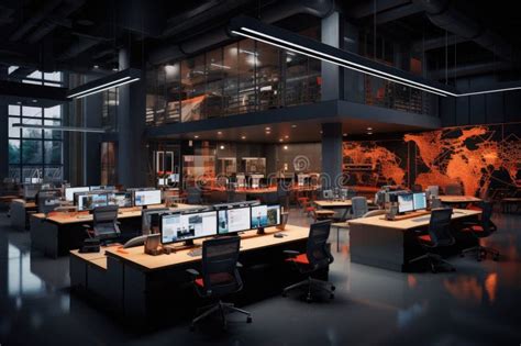 3d Rendering Of Modern Office Interior Workplace With Computers Control Hub Office Ai
