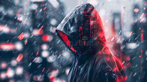 Cyber Attacker Hooded Figure Standing In A Dark Moody Digital Landscape With A Storm Raging