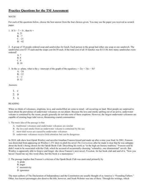 Tsi Assessment Practice Questions Math Reading Writing