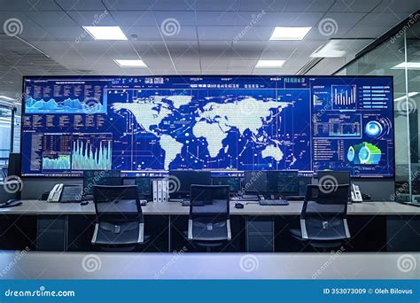 Modern Cybersecurity Center Monitoring Global Network Activity Stock