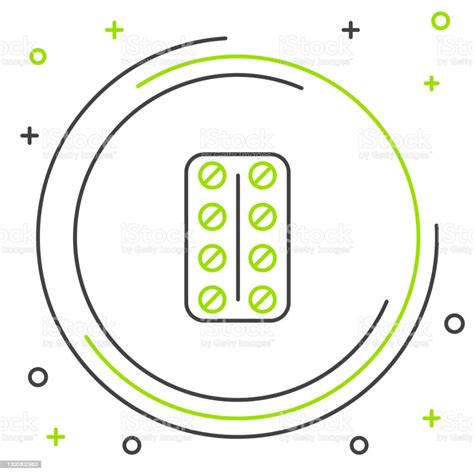 흰색 배경에 고립 된 물집 팩 아이콘에 검은 색과 녹색 라인 알약 태블릿 비타민 항생제 아스피린용 의료용 의약품 패키지 다채로운 개요 개념 벡터 일러스트레이션 건강 진단에