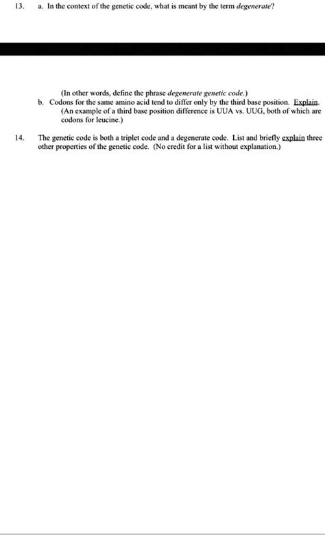 Solved In The Context Of The Genetic Code What Is Meant By The Term Degenerate In Other