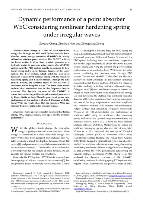 Pdf Dynamic Performance Of A Point Absorber Wec Considering Nonlinear Hardening Spring Under