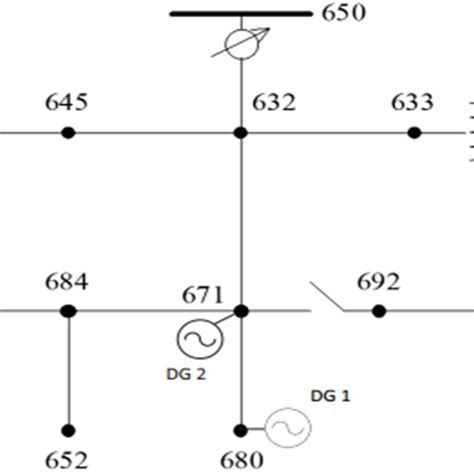 diagram of the ieee 13 node test feeders and the two pv dg connections