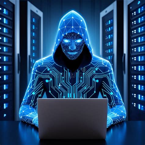 Hooded Hacker Using Laptop Abstract Digital Hologram Futuristic Technology And Computer Cyber