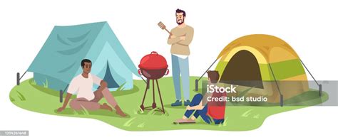 여행 캠핑 플랫 벡터 일러스트레이션 바베큐 만화 캐릭터에 젊은 야영 피크닉 여름 방학에 행복한 남자 그룹 흰색 배경에 고립 된 계절 야외 레크리에이션 개념에 대한 스톡 벡터
