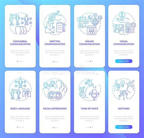 Improve Communication Skills Gradient Onboarding Mobile App Screen Set Stock Vector