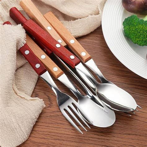 Luxury Wooden Handle Stainless Steel Flatware Set Camping Cutlery Place Setting Silverware Fork