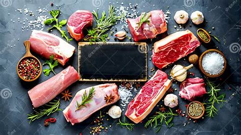 Selection Of Fresh Raw Meat Cuts Arranged Around A Rectangular Black