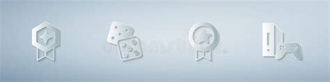 Set Game Rating With Medal Dice And Console Joystick Paper Art Style Vector Stock