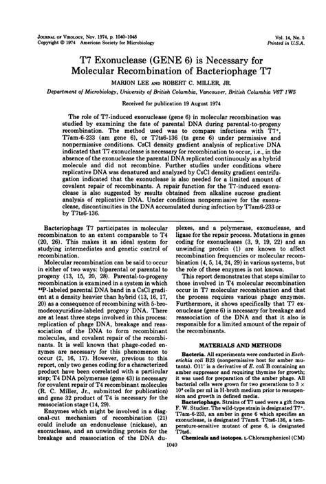 T7 Exonuclease Gene 6 Is Necessary For Molecular Recombination Of Bacteriophage T7 Pmc