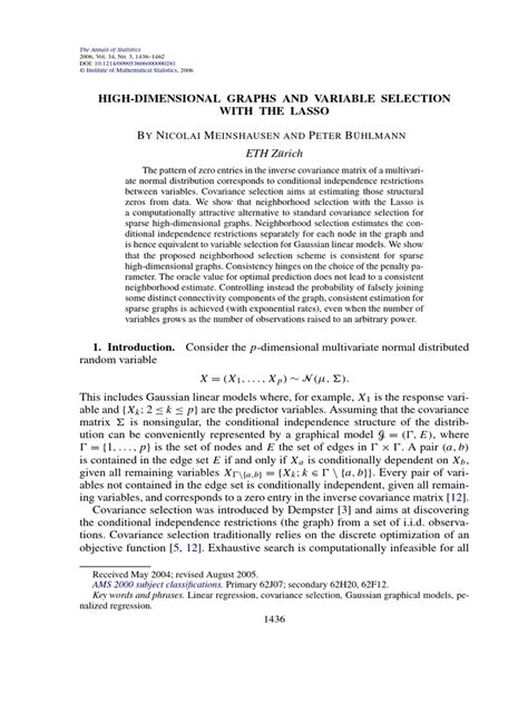 Meinshausen And Bühlmann High Dimensional Graphs And Variable Selection With The Lasso