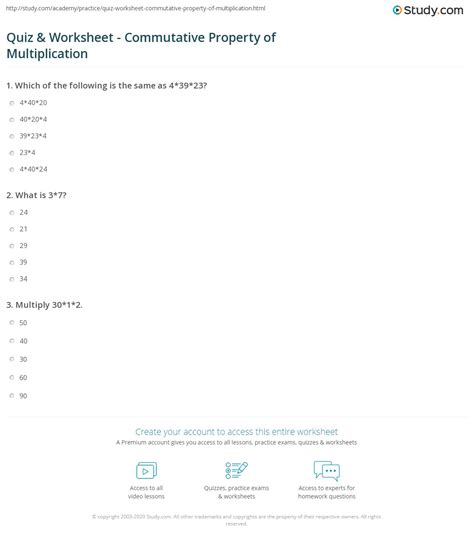 Quiz And Worksheet Commutative Property Of Multiplication