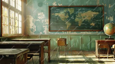 A Traditional Classroom Setting With A Large Map On The Wall Ideal For