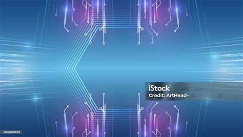 추상적인 미래 지향적 커뮤니케이션 다양한 기술 요소가 있는 하이테크 파란색 배경 회로 기판과 육각형의 벡터 그림입니다 불타는