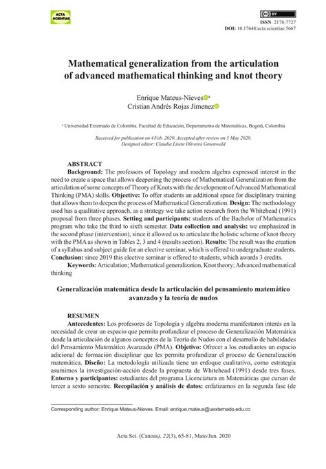 Pdf Mathematical Generalization From The Articulation Of Advanced