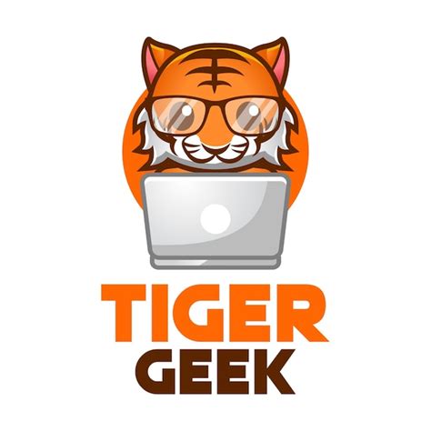 Tiger Geek Nerd Cartoon Maskottchen Illustrationslogo Premium Vektor