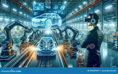 Engineer In Ar Headset Observes Holographic Car Blueprint Amidst Robotic Arms Assembling