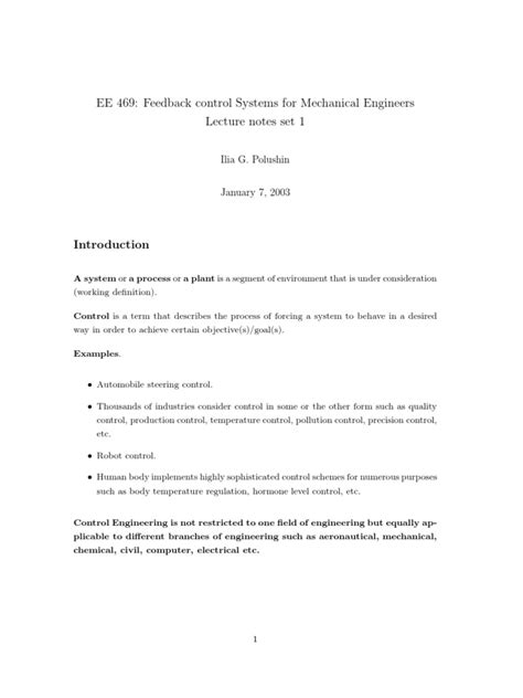Lecture 1 Pdf Control Theory Control System