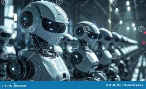 Futuristic Robots Lined Up in a High-tech Industrial Environment Stock Illustration ...