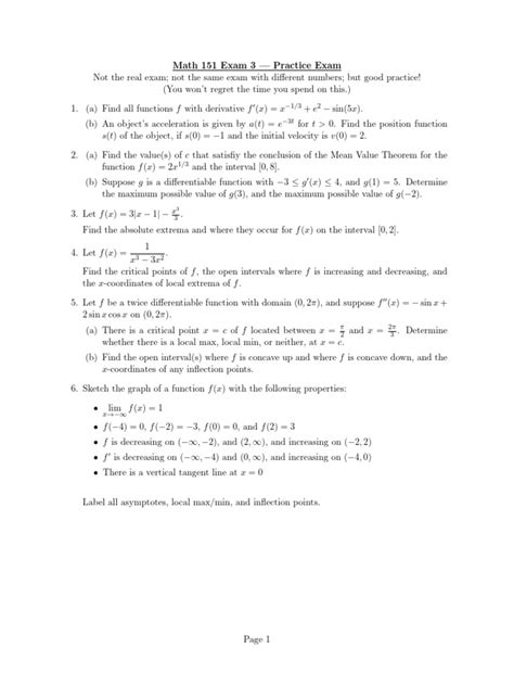 Math 151 Exam 3 Practice Exam Pdf Function Mathematics Mathematical Concepts