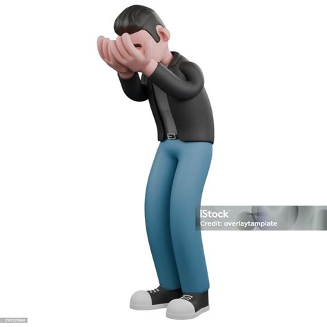 만화 스타일의 3d 모델 한 남성 시나리오 작가가 두 손을 얼굴에 얹고 어깨를 내린 채 무너진 표정으로 슬퍼하고 서 있다 만화 시나리오 작가 일러스트 디자인 3차원 형태에