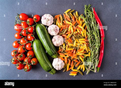 Italian Pasta Ingredients For Cooking Pasta On Dark Background Top