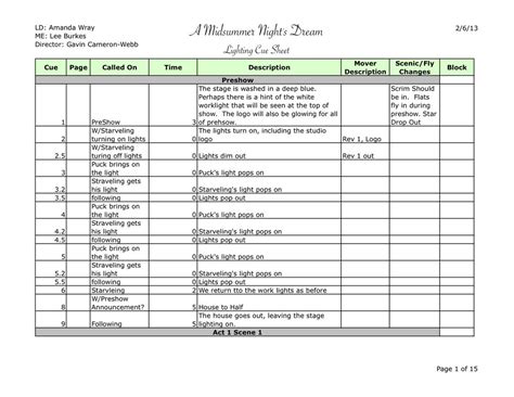 Lighting Cue Sheet Template Social Media Template
