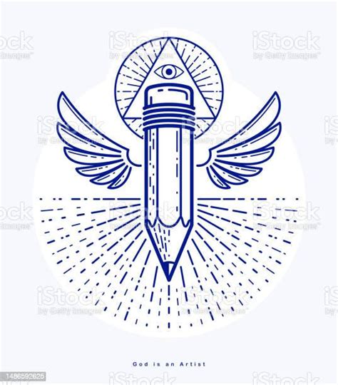 하나님은 디자이너 개념 날개와 신성한 기하학적 삼각형에서 하나님의 눈을보고 연필 하나님은 트렌디 한 선형 스타일의 예술가 벡터