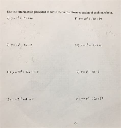 Solved Use The Information Provided To Write The Vertex Form