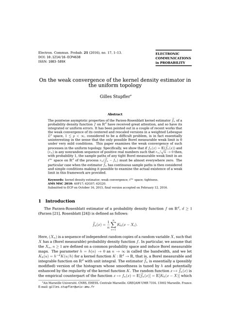 Pdf On The Weak Convergence Of The Kernel Density Estimator In The Uniform Topology