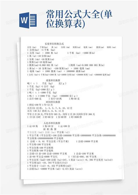 常用公式大全 单位换算表 Word模板下载 编号qbnygamw 熊猫办公