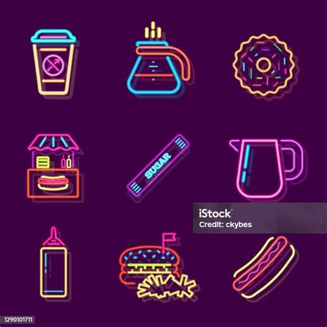 길거리 음식 패스트 푸드 음료 네온 사인 패스트푸드 레스토랑 버거 카페 또는 피자 디자인 빛나는 빛 간판 벡터 네온에 대한 스톡 벡터 아트 및 기타 이미지 Istock