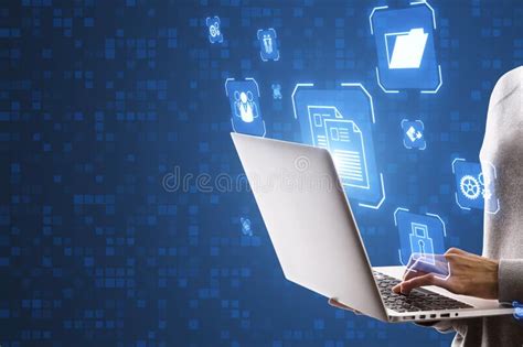 Close Up Of Female Hands Using Laptop With Glowing Icons On Blurry